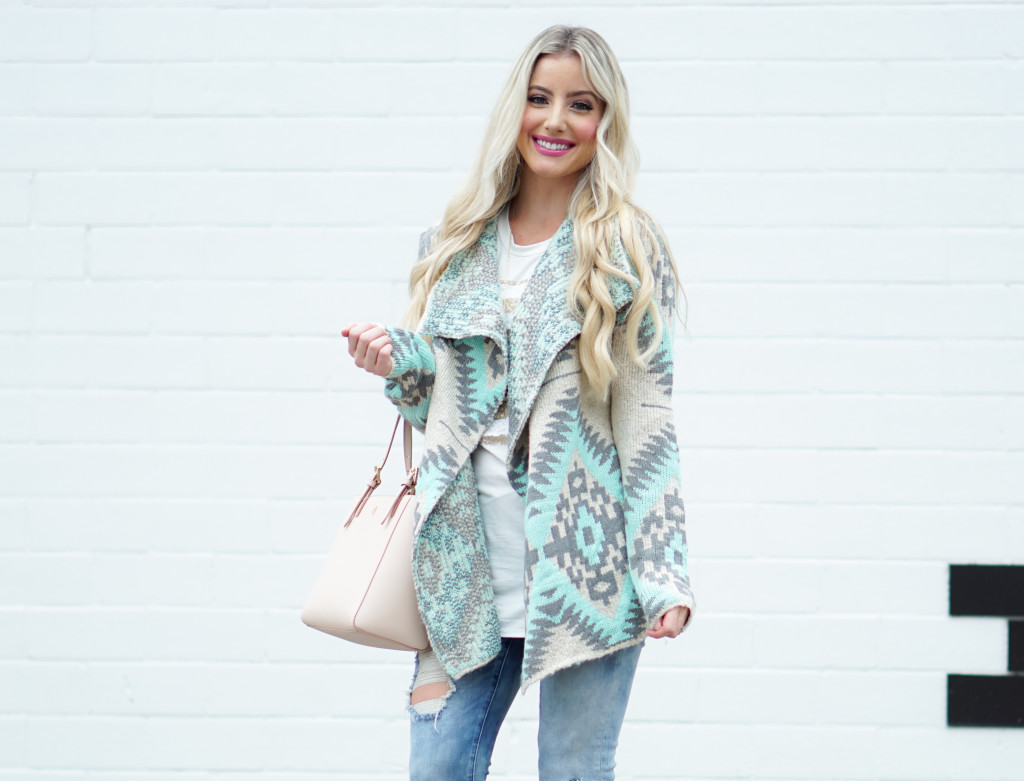 Coziest Aztec Print Cardigan- A Touch of Pink Blog